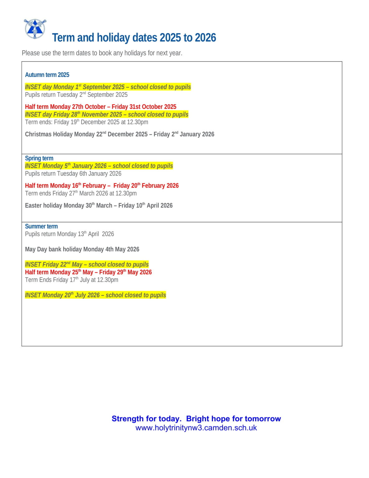 Term Dates & INSET Days | Holy Trinity