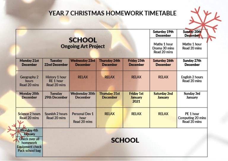 Year 7 Homework Timetable - John Henry Newman