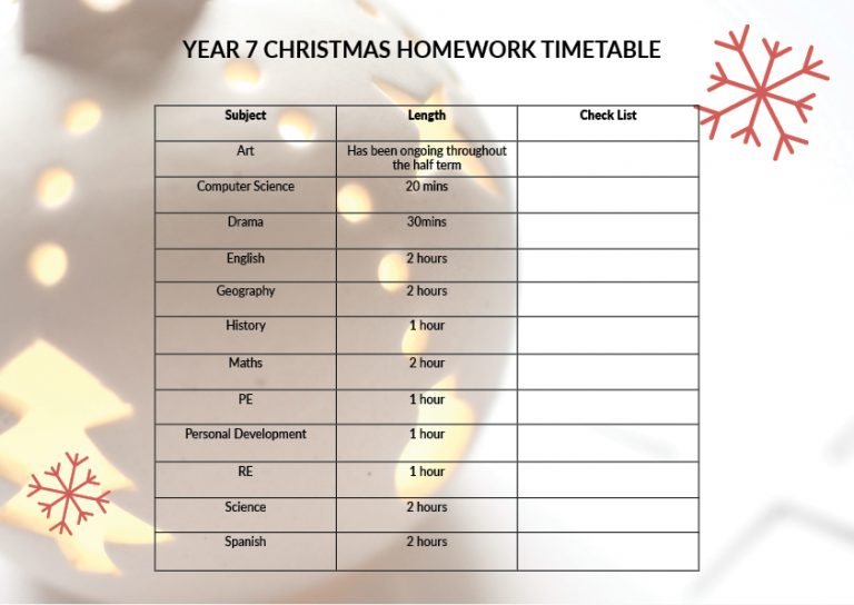 Year 7 Homework Timetable - John Henry Newman