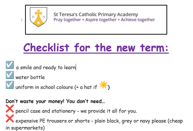 Checklist for the new term | St Teresa's Catholic Primary Academy