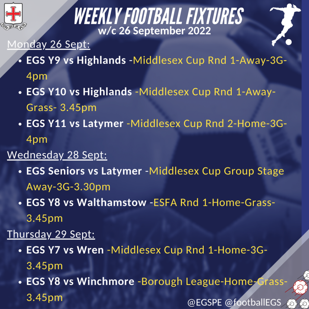 Football Fixtures: w/c Monday 26th September | ENFIELD GRAMMAR SCHOOL