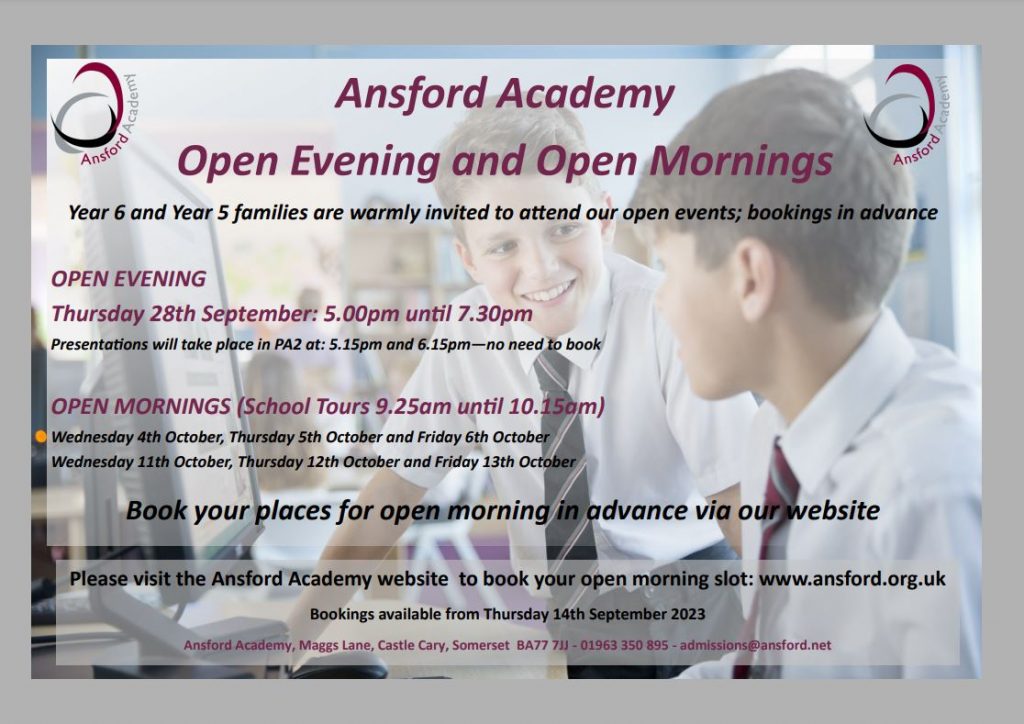 Open Evening and Open Mornings | Ansford Academy