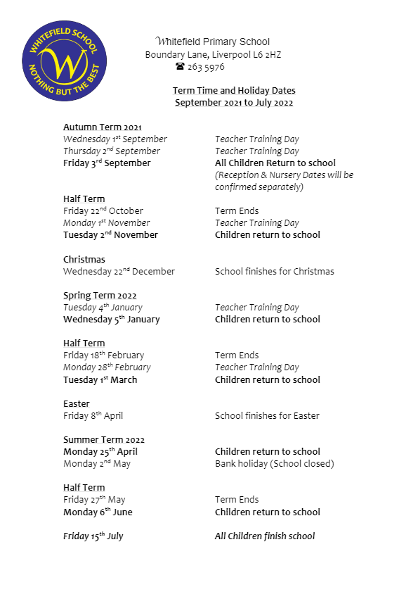 Term dates | Whitefield Primary School