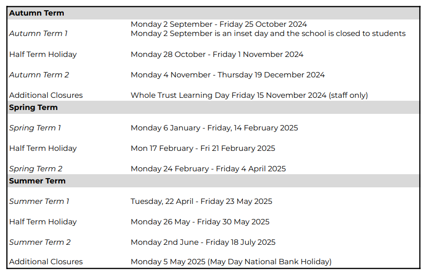Term Dates and Timetable – Eastlea Community School