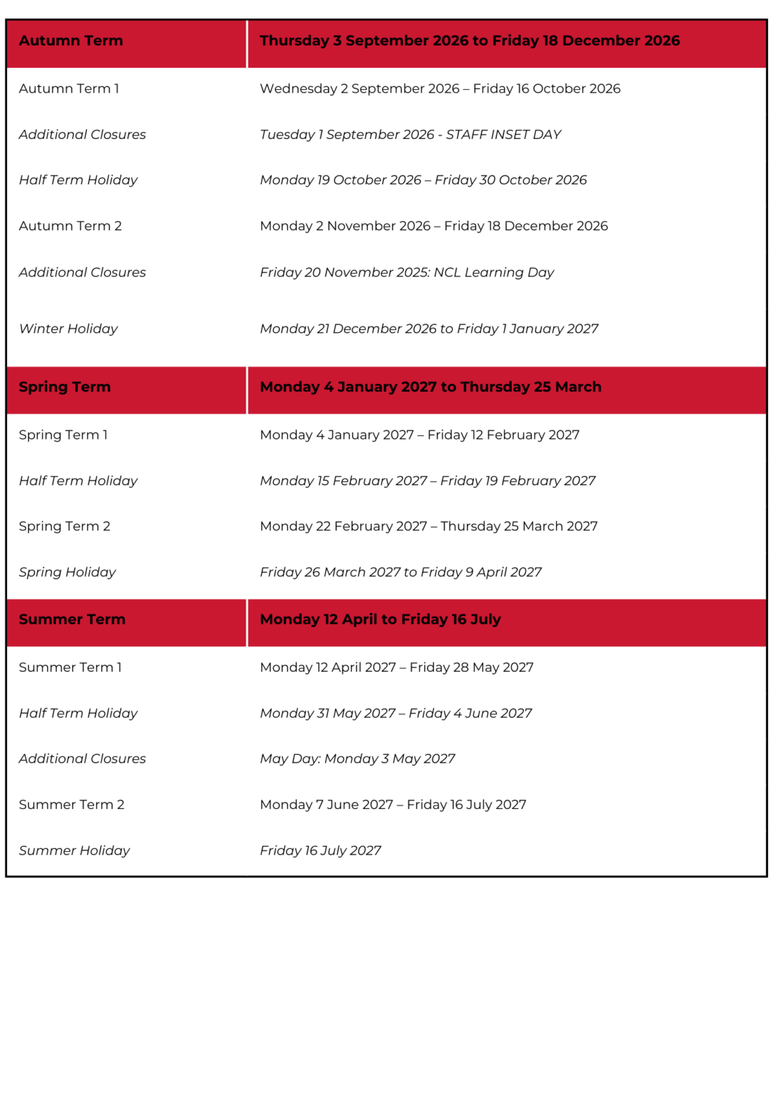 Term Dates and Timetable – Eastlea Community School