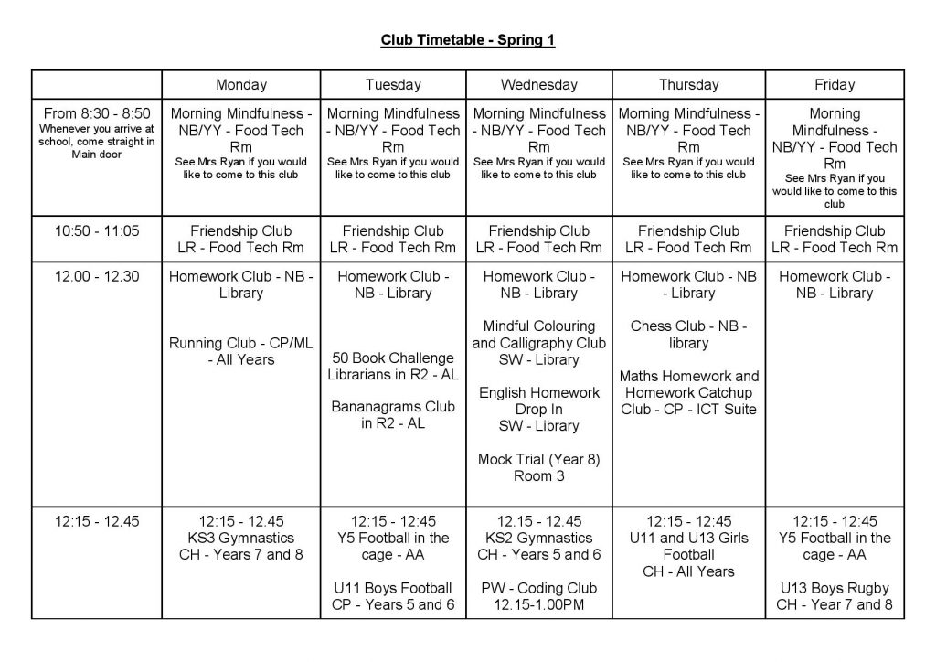 Spring 2023 Club Timetable | Dr Thomlinson C of E Middle School