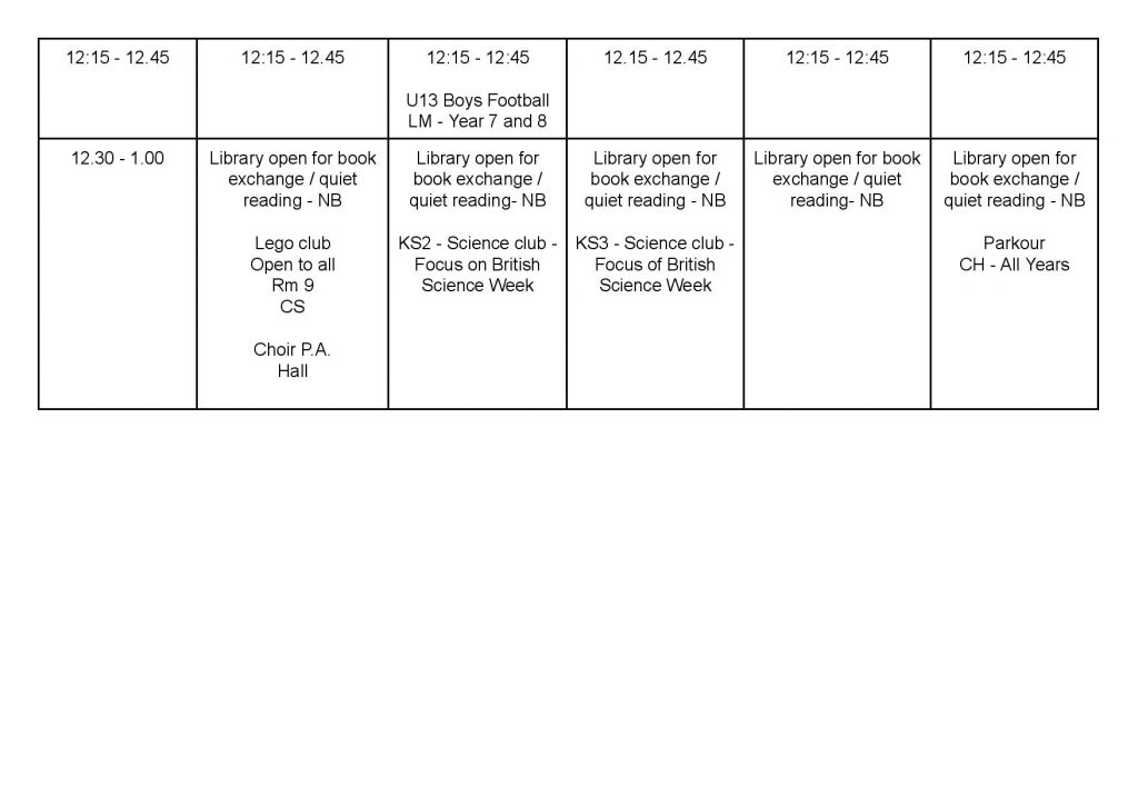 Club Timetable – March 2024 | Dr Thomlinson C of E Middle School