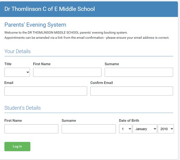 Parent Evening Bookings | Dr Thomlinson C of E Middle School