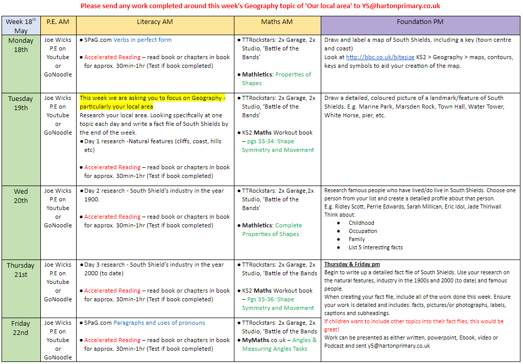 Year 5 Suggested Timetable – WB 18th May | Harton Primary School