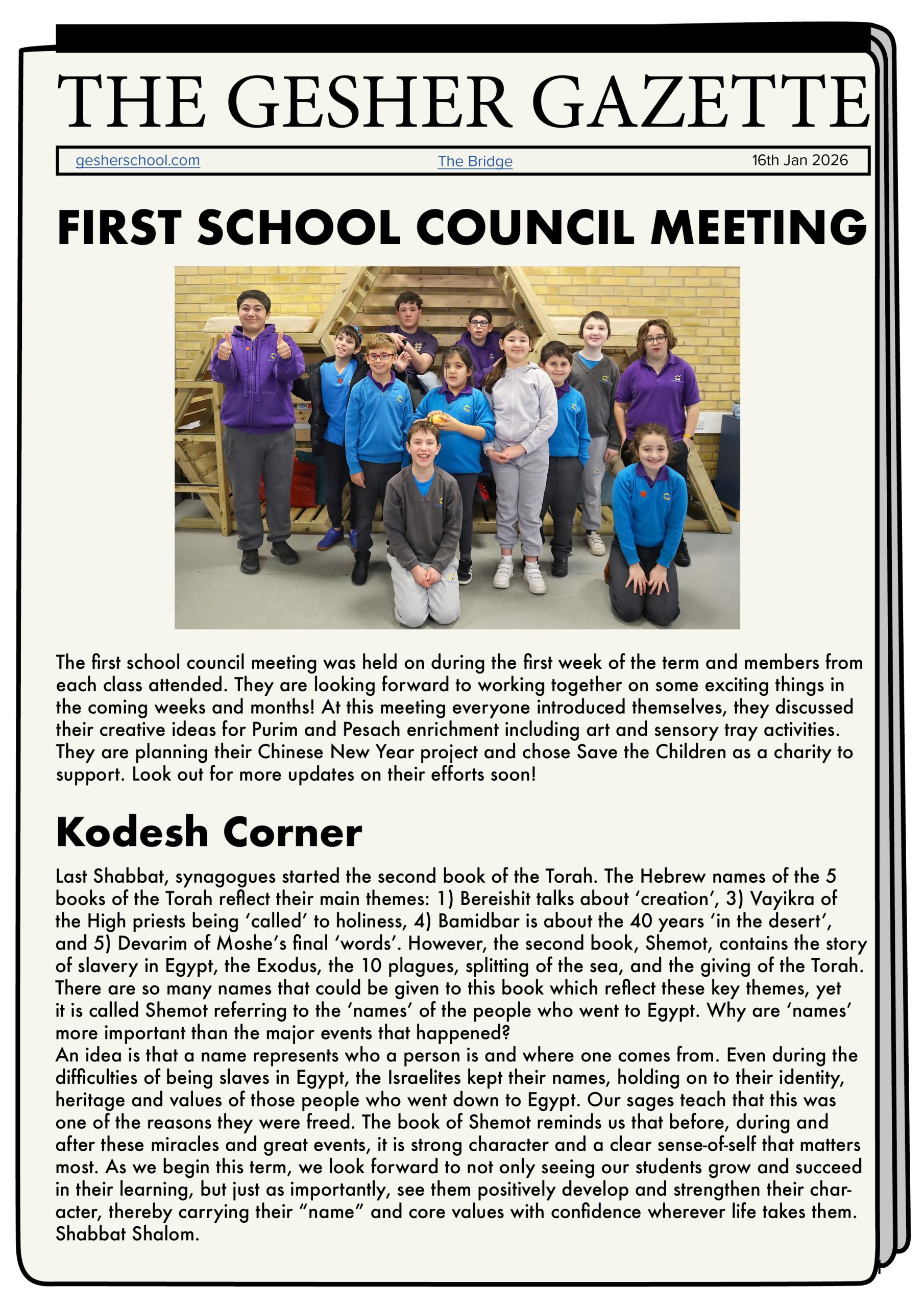 GESHER GAZETTE – 16 JAN 26 | Gesher School