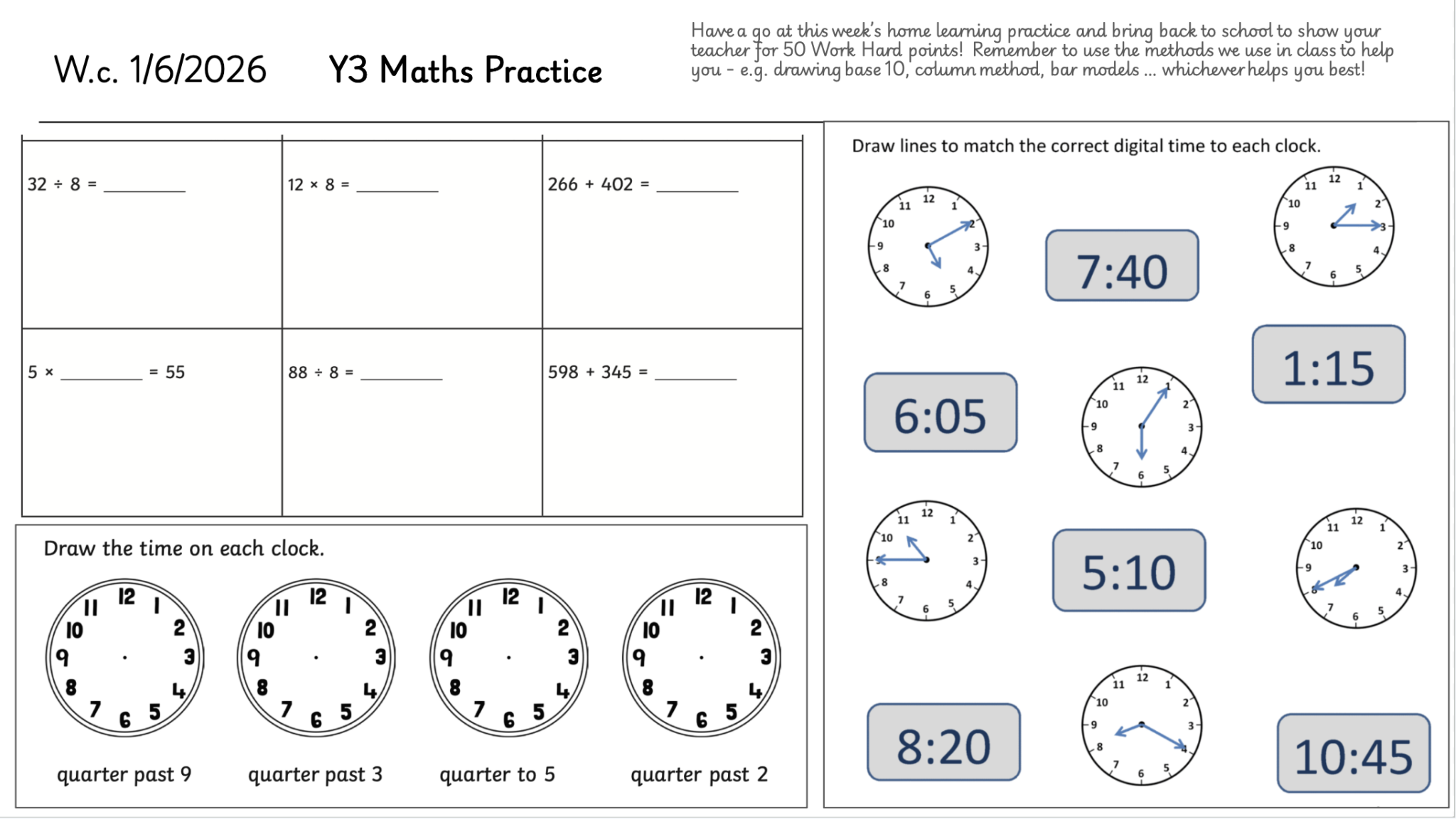 Year 3 Maths and Spelling Practice – w.c. 1/6/2026 – Green Top