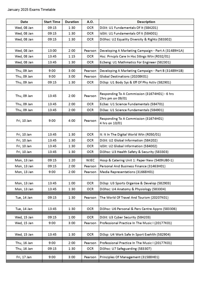 January Exam Timetable & Y11 Mock Exam Timetable 2025 | NCEA Duke's ...