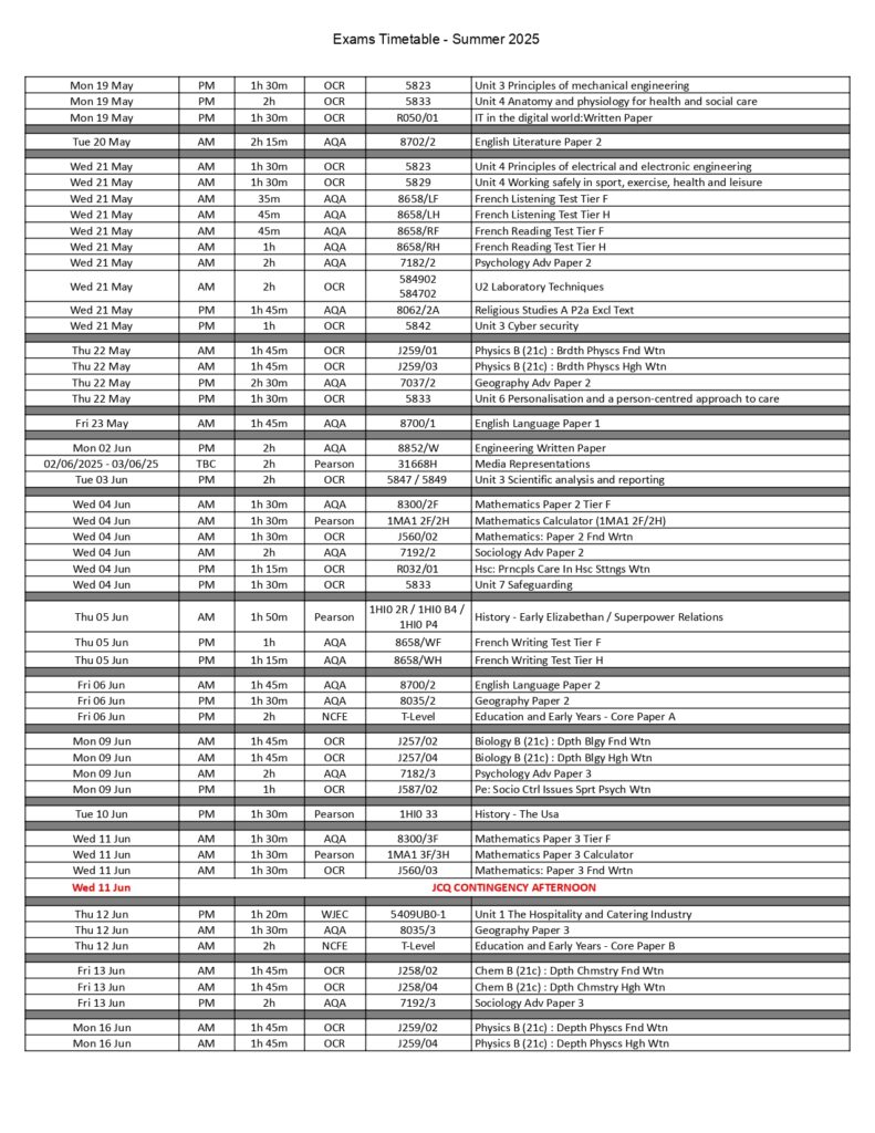 Exam Timetables | NCEA Duke's Secondary School