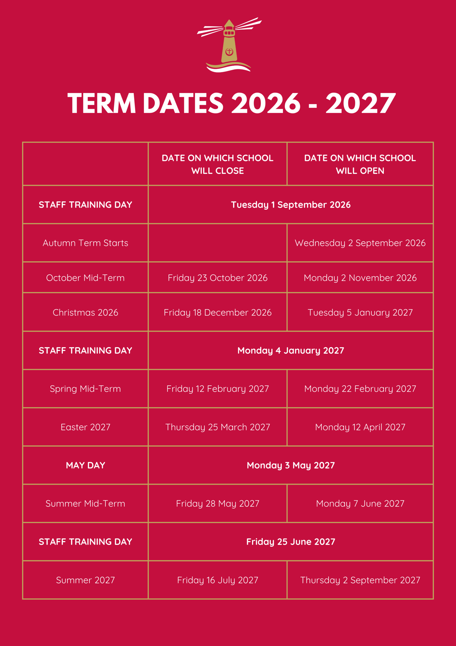 School Term Dates – Northumberland Church of England Academy Trust