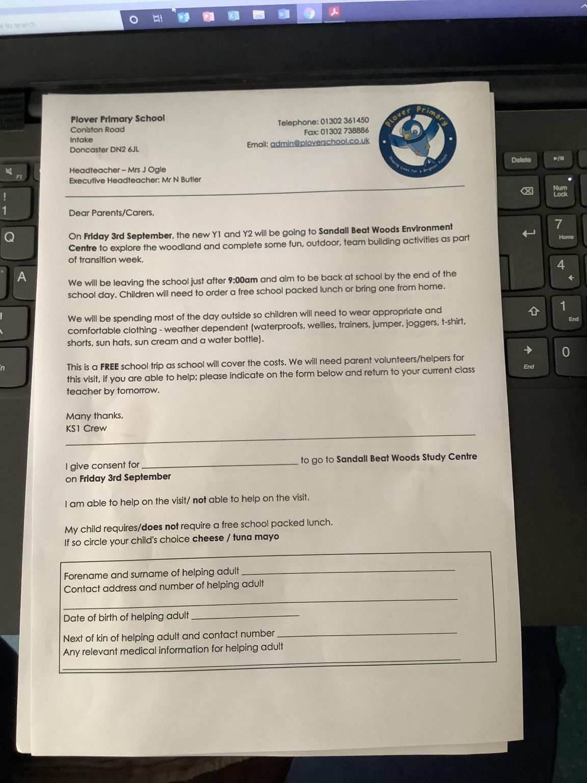 KS1 School Trip Letter | Plover School