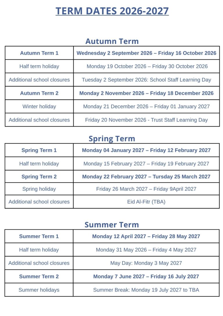 Term Dates and School Day – Sarah Bonnell School